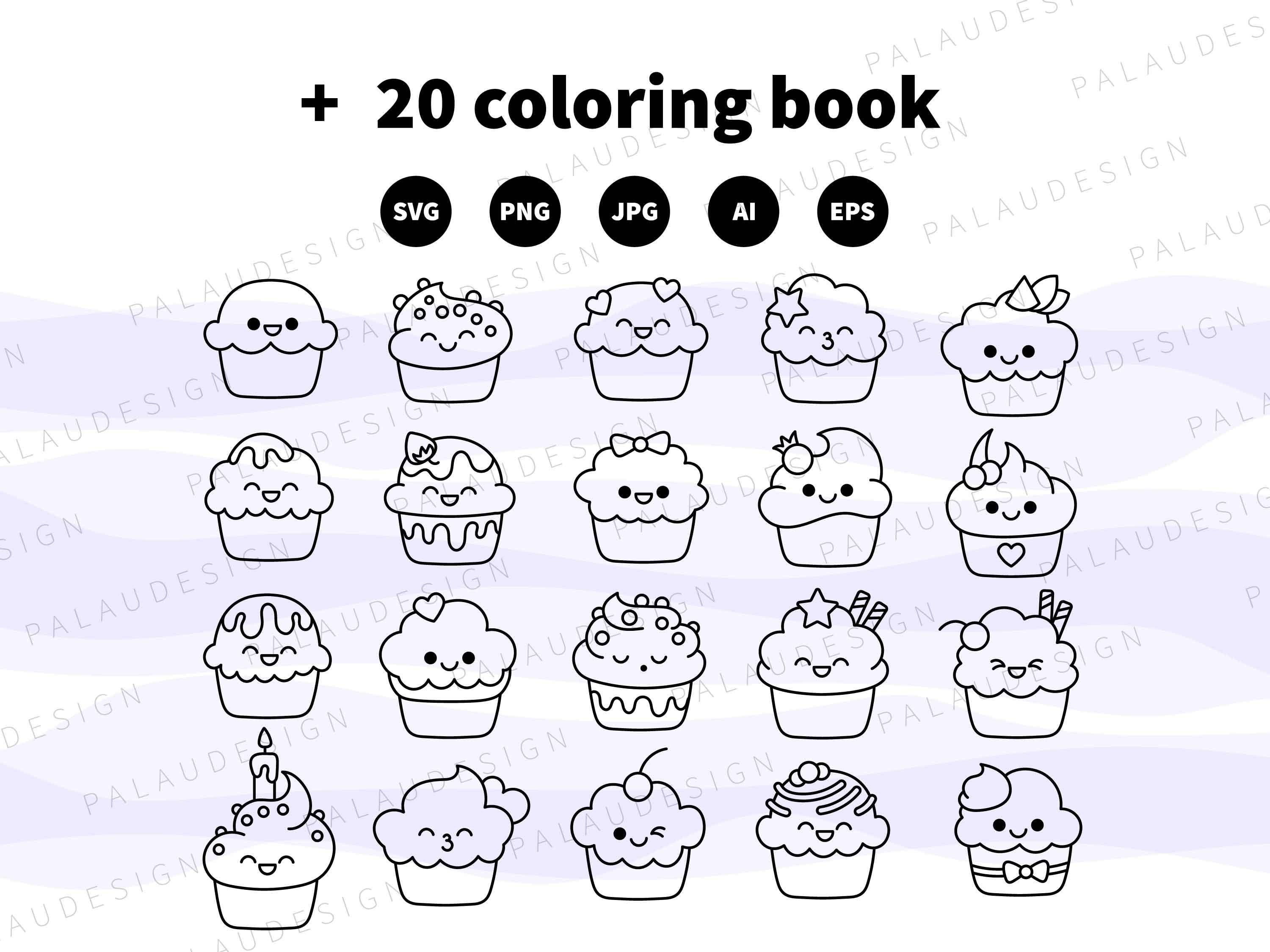 Cute Kawaii Cupcake Clipart Bundle Sweet Cartoon Characters Outline ...