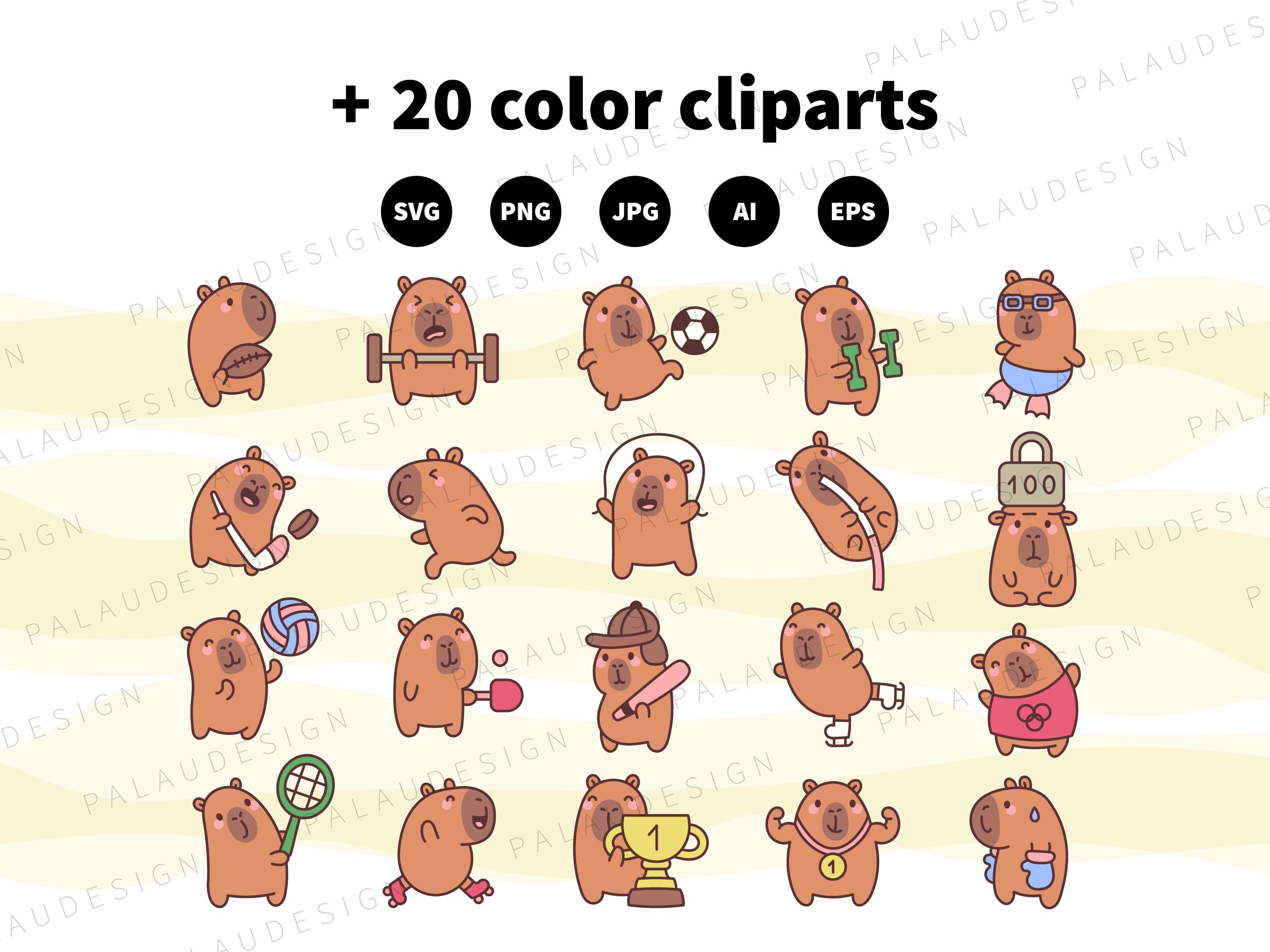 Capybara Sport Clipart Bundle: Fitness Animal Stickers, Coloring Pages ...