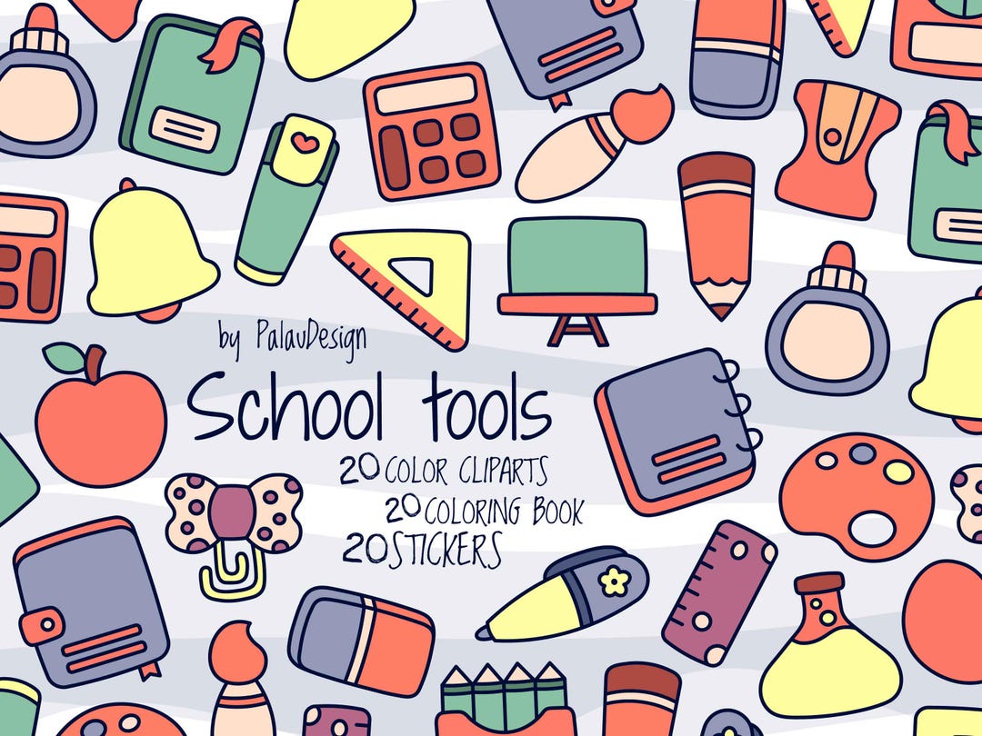 Cute Kawaii School Tools Clipart Bundle Outline Illustrations for Kids ...