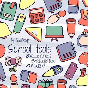 Adorable School Tools Bundle: Cartoon Line Art Clipart & Sublimation ...