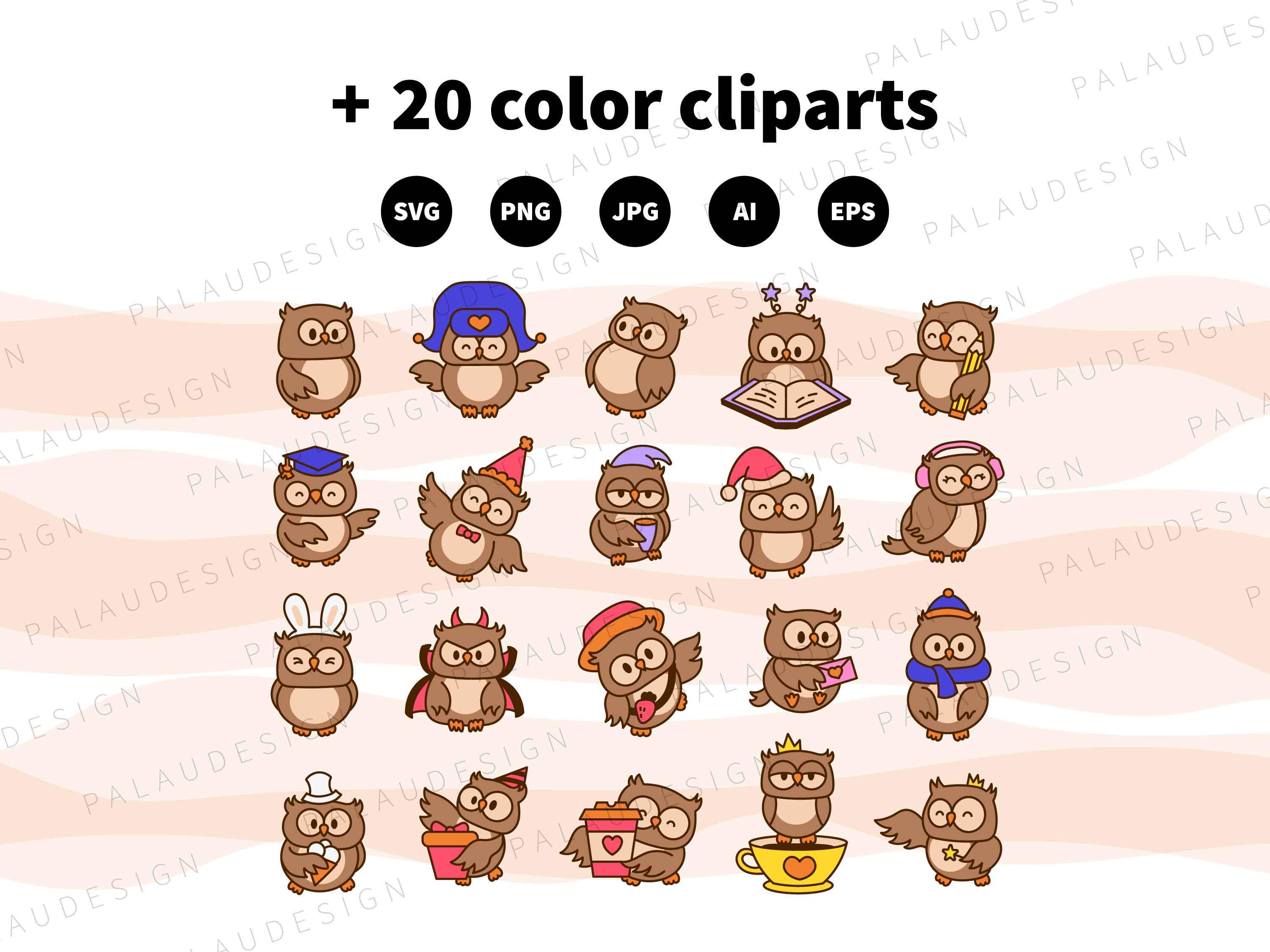 Kawaii Owl Clip Art Set - Digital SVG PNG Doodle Cut Files, Cute Night ...