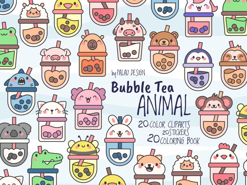 Kawaii Bubble Tea Animal Clipart Bundle: Vector Illustrations, Stickers ...