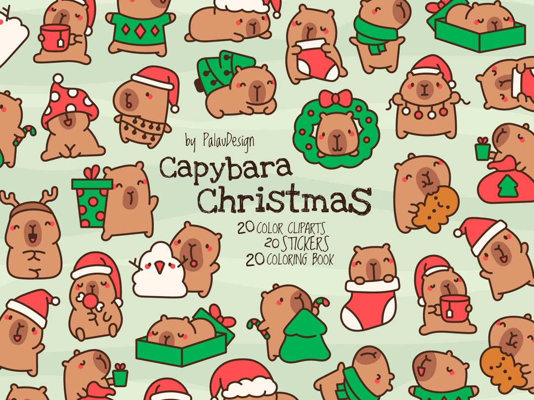 Cute Kawaii Christmas Capybara Clipart Bundle for Stickers Coloring ...