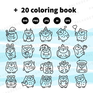 Cute Owl Clip Art Collection - Kawaii Animals Bundle - Digital SVG PNG ...