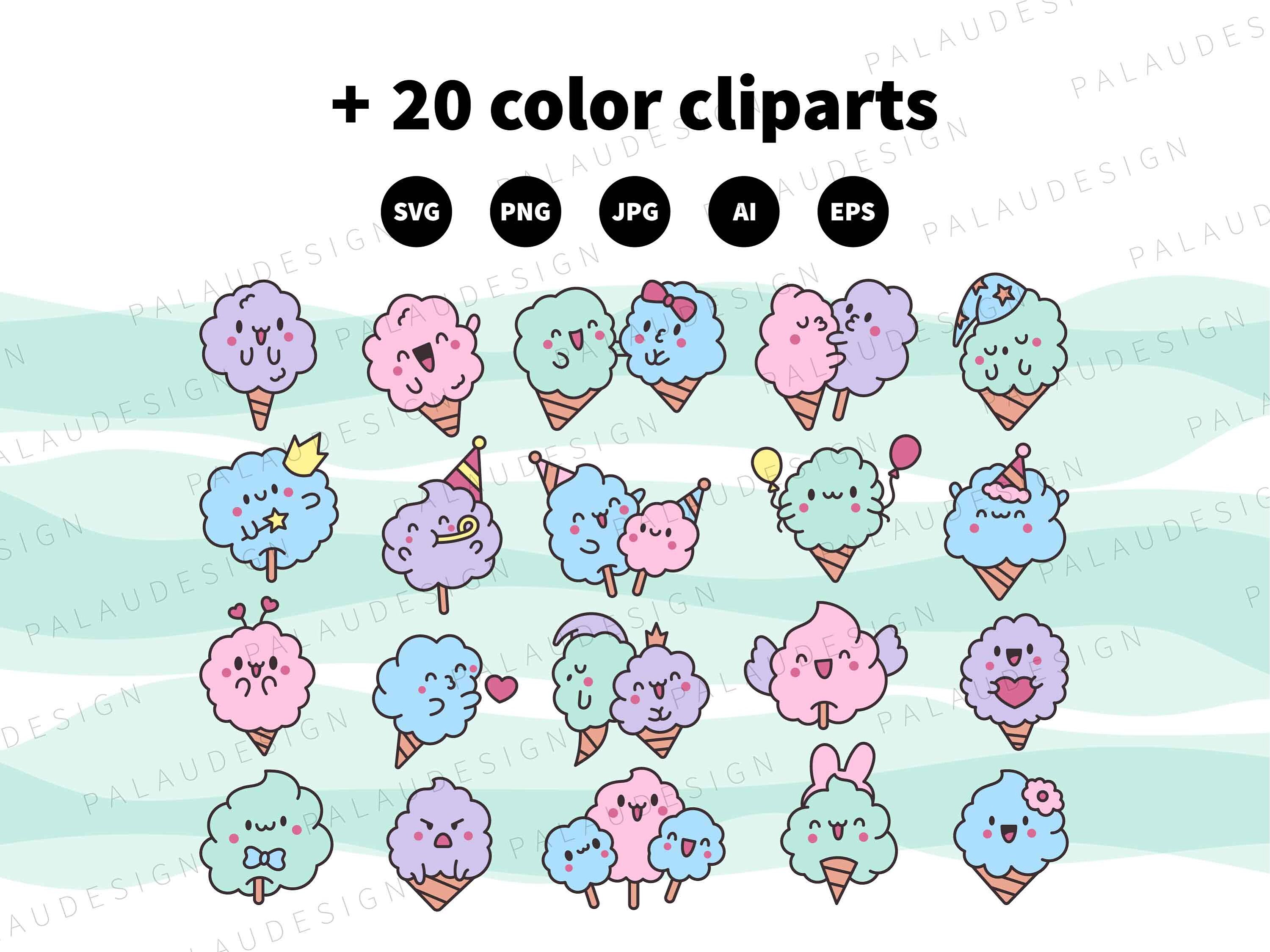 Whimsical Cotton Candy Character Clip Art - Adorable Kawaii Doodles ...