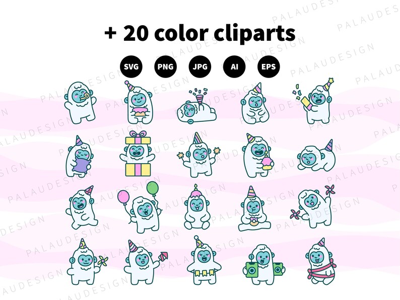 Kawaii Yeti Party Clipart: Outline Characters, Coloring Pages (digital ...