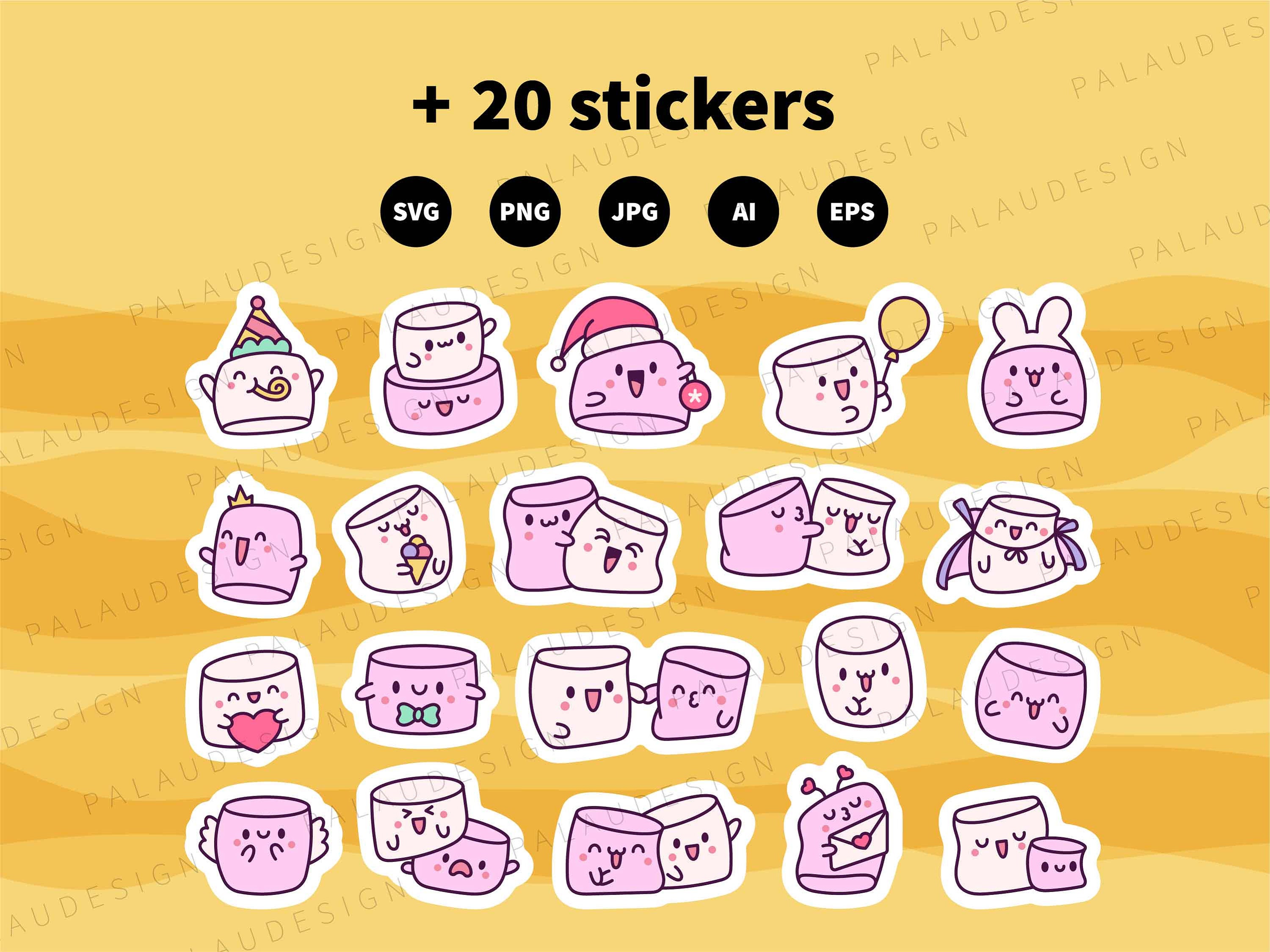 Marshmallow Clip Art Bundle: Cute Kawaii Characters, Outline Doodles ...