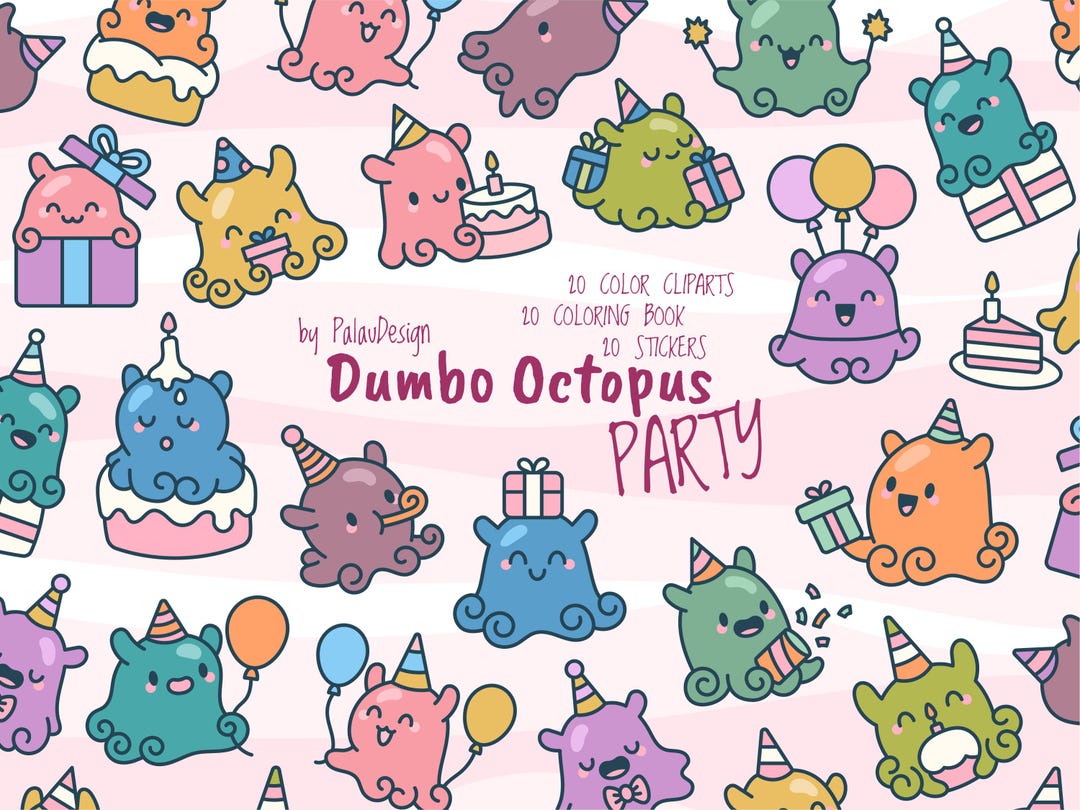 Kawaii Dumbo Octopus Party Coloring Pages: Outline Clipart & Printable ...