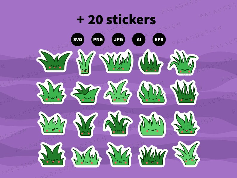 Cute Kawaii Grass Clipart Bundle - Cartoon Lawn Characters, Digital ...