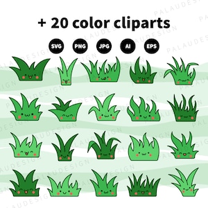 Cute Kawaii Grass Clipart Bundle - Cartoon Lawn Characters, Digital ...