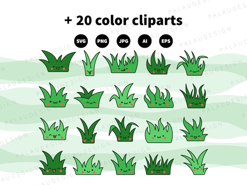 Cute Kawaii Grass Clipart Bundle - Cartoon Lawn Characters, Digital ...
