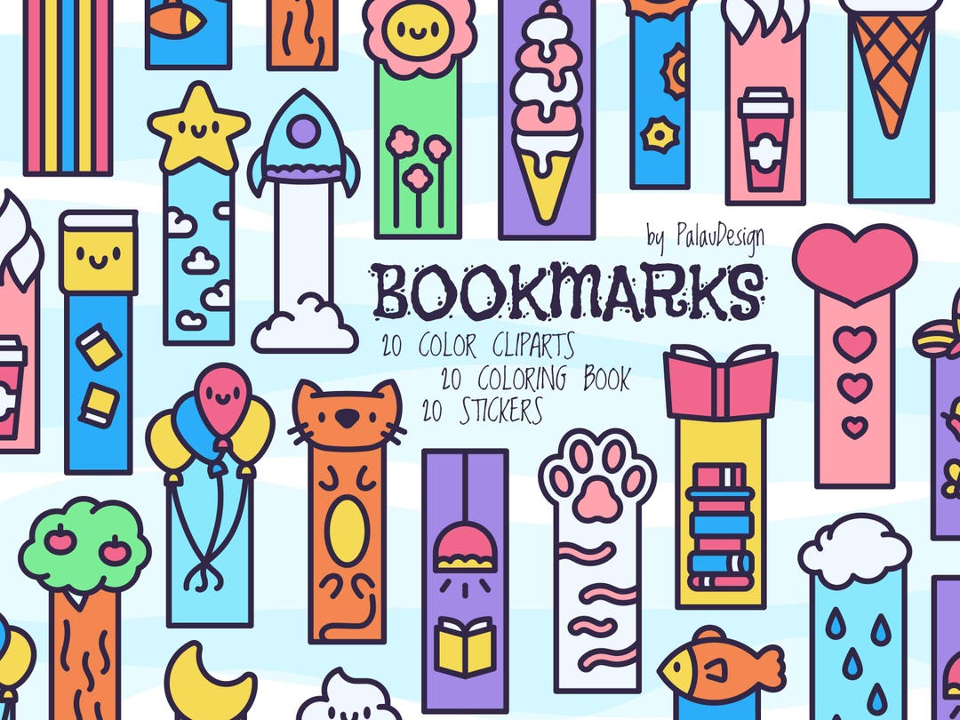 Cute School Bookmarks for Kids, Kawaii Animal and Food Outline ...