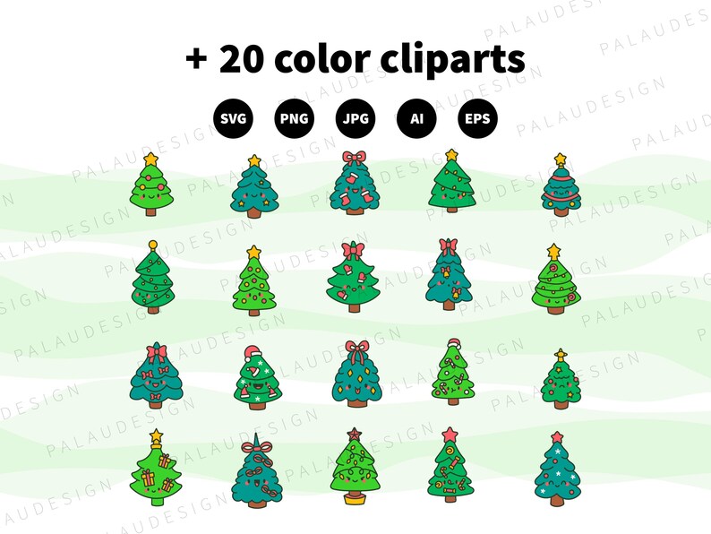 Christmas Tree Cute Kawaii Clipart Bundle - Adorable Festive Outline ...