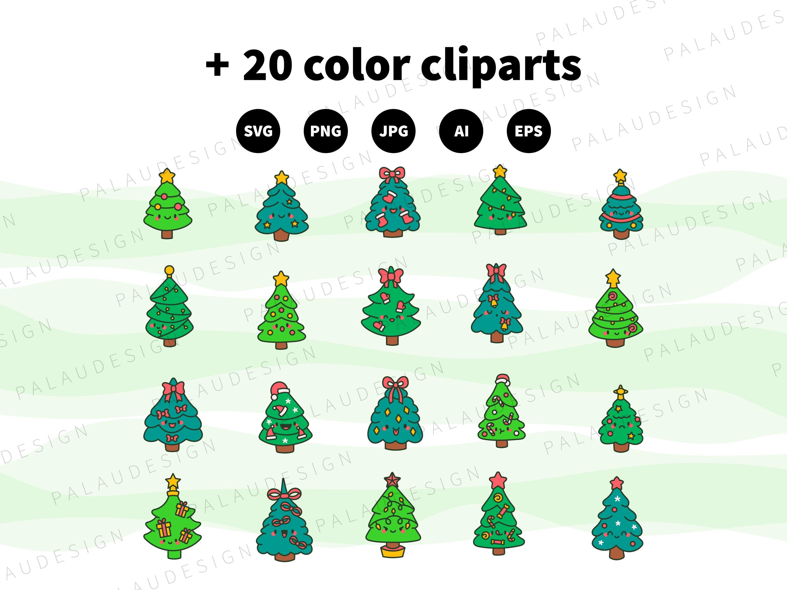 Christmas Tree Cute Kawaii Clipart Bundle - Adorable Festive Outline ...