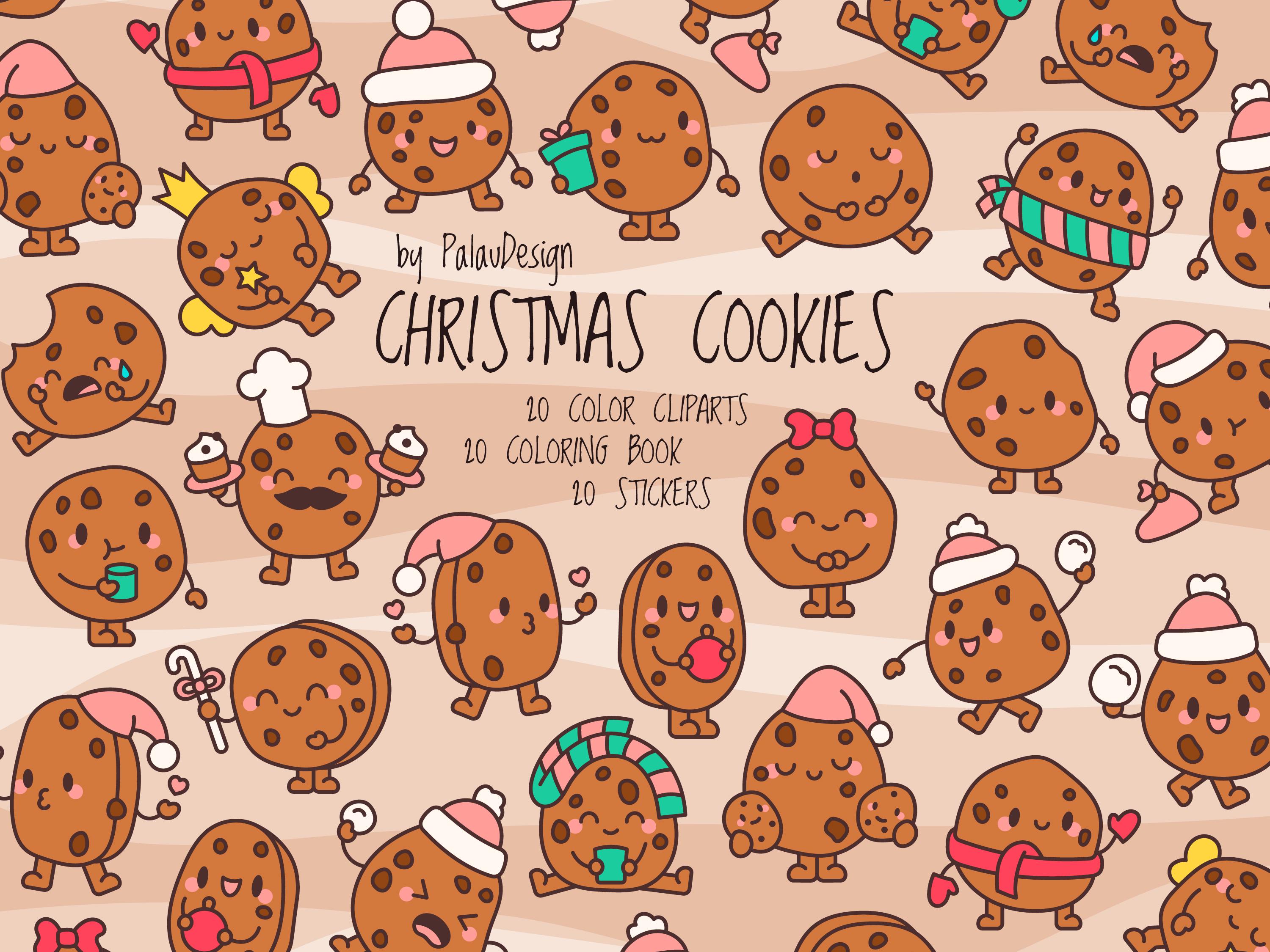 Christmas Cookie Clipart Coloring Stickers | Kawaii Holiday Vector ...