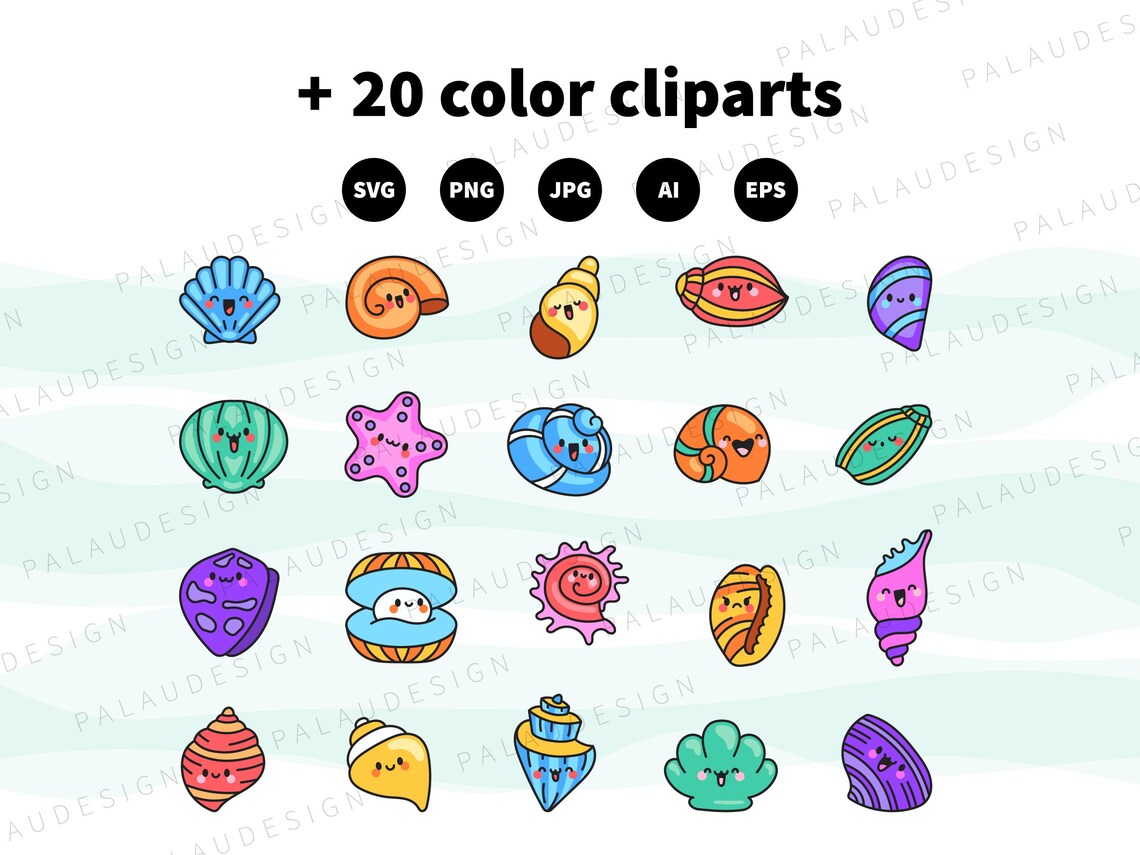 Cute Kawaii Seashell Clipart Set With Funny Cartoon Shell Characters ...