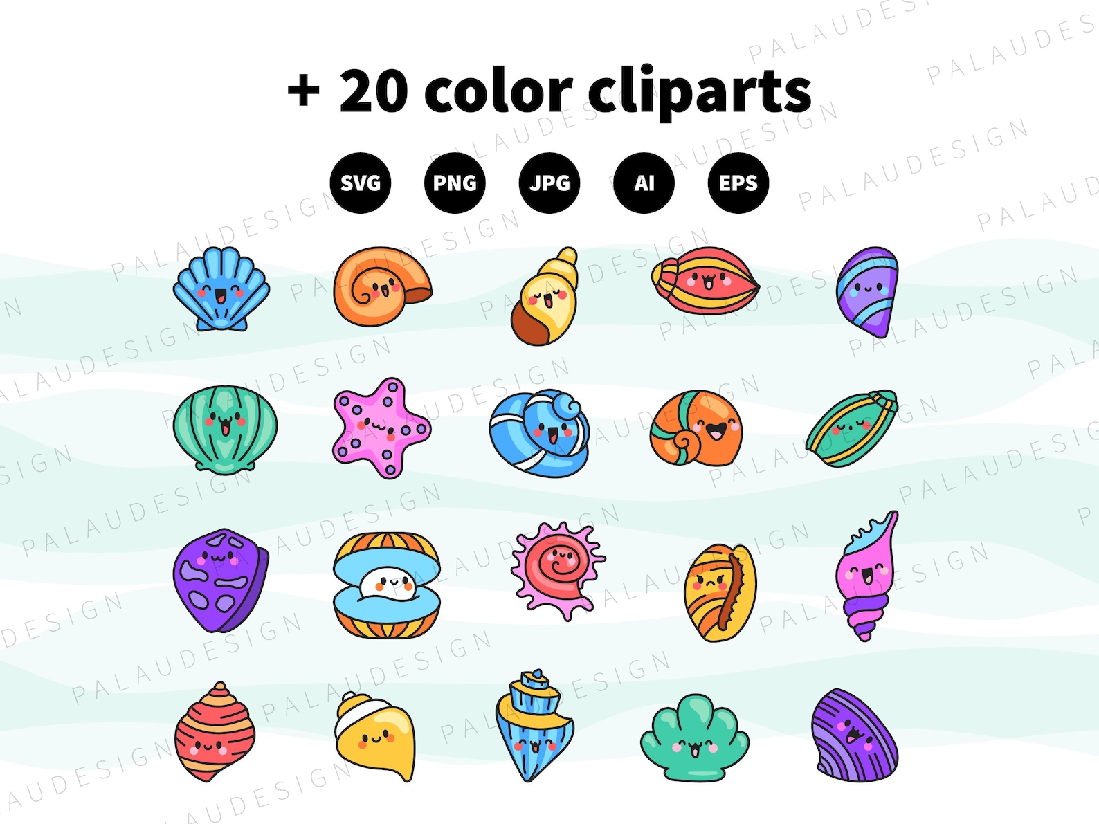 Kawaii Seashell Clipart Set: Funny Cartoon Shells (png, Svg, Jpg, Ai ...
