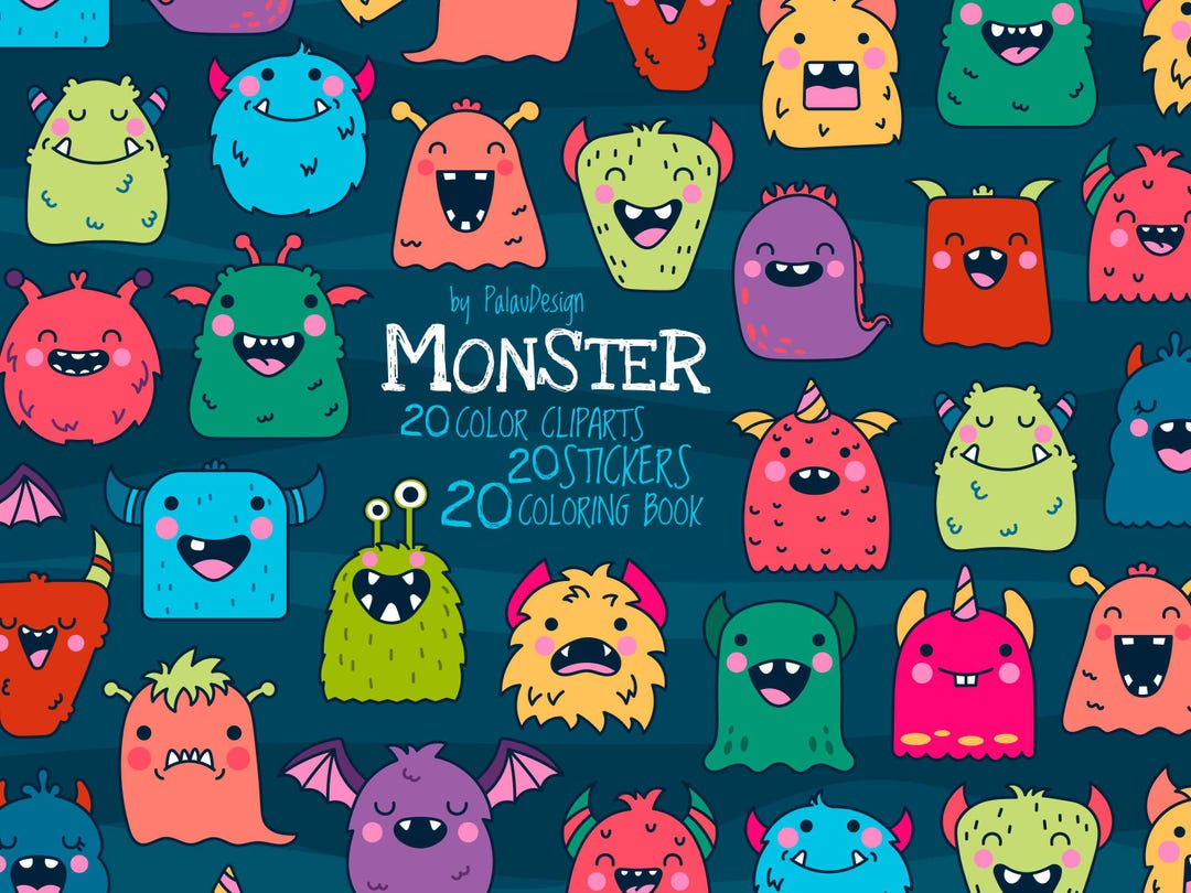 Cute Kawaii Monsters Clipart Bundle for Kids, Funny Monster Stickers ...