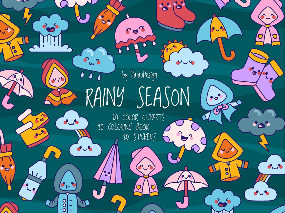 Kawaii Rainy Season Clipart Bundle: Autumn Characters (digital Download ...