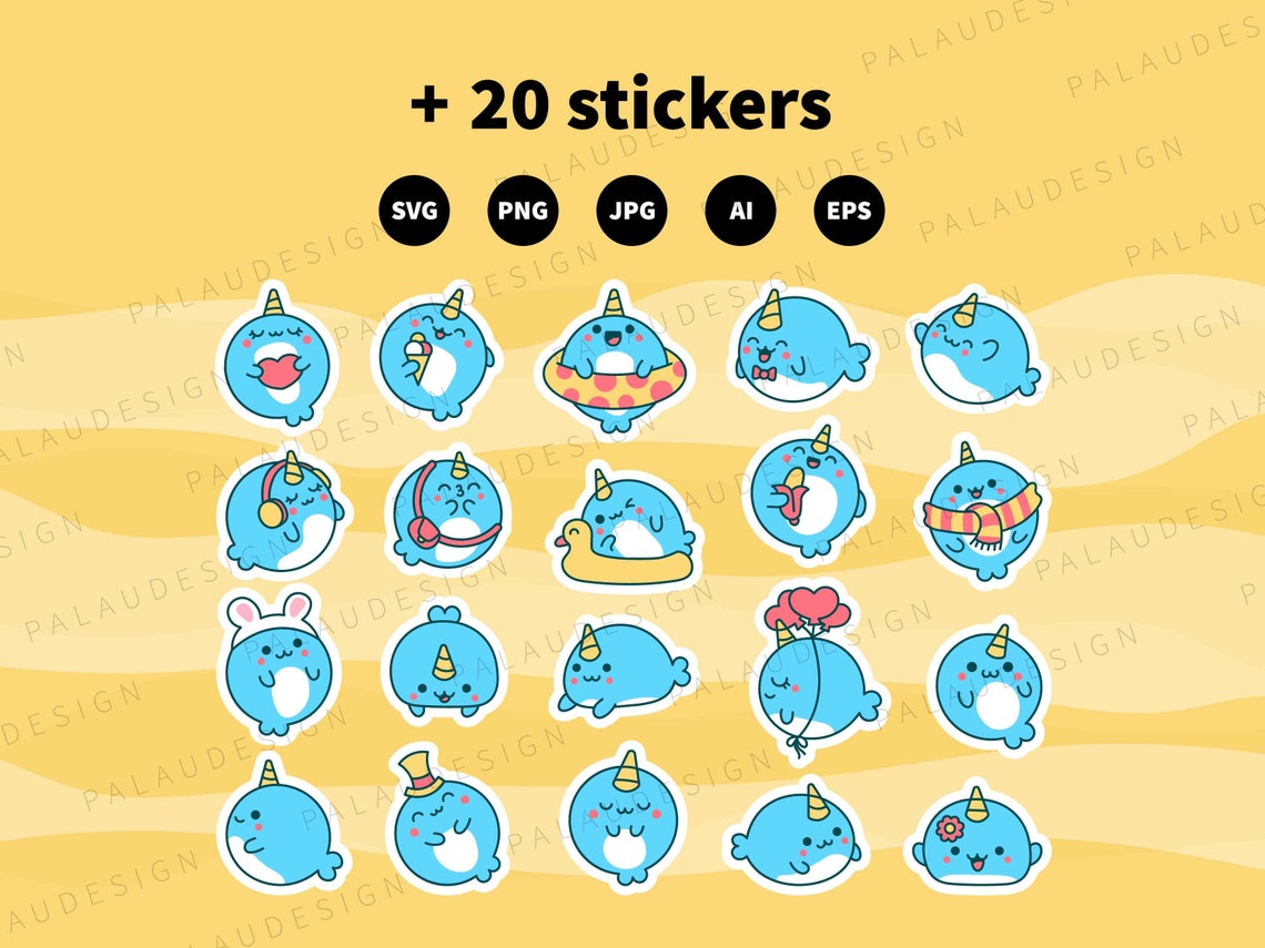 Cute Narwhal Clip Art Bundle: Outline Doodles for Crafting SVG, PNG ...