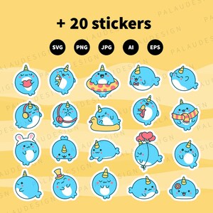 Cute Narwhal Clip Art Bundle: Outline Doodles for Crafting - SVG, PNG ...