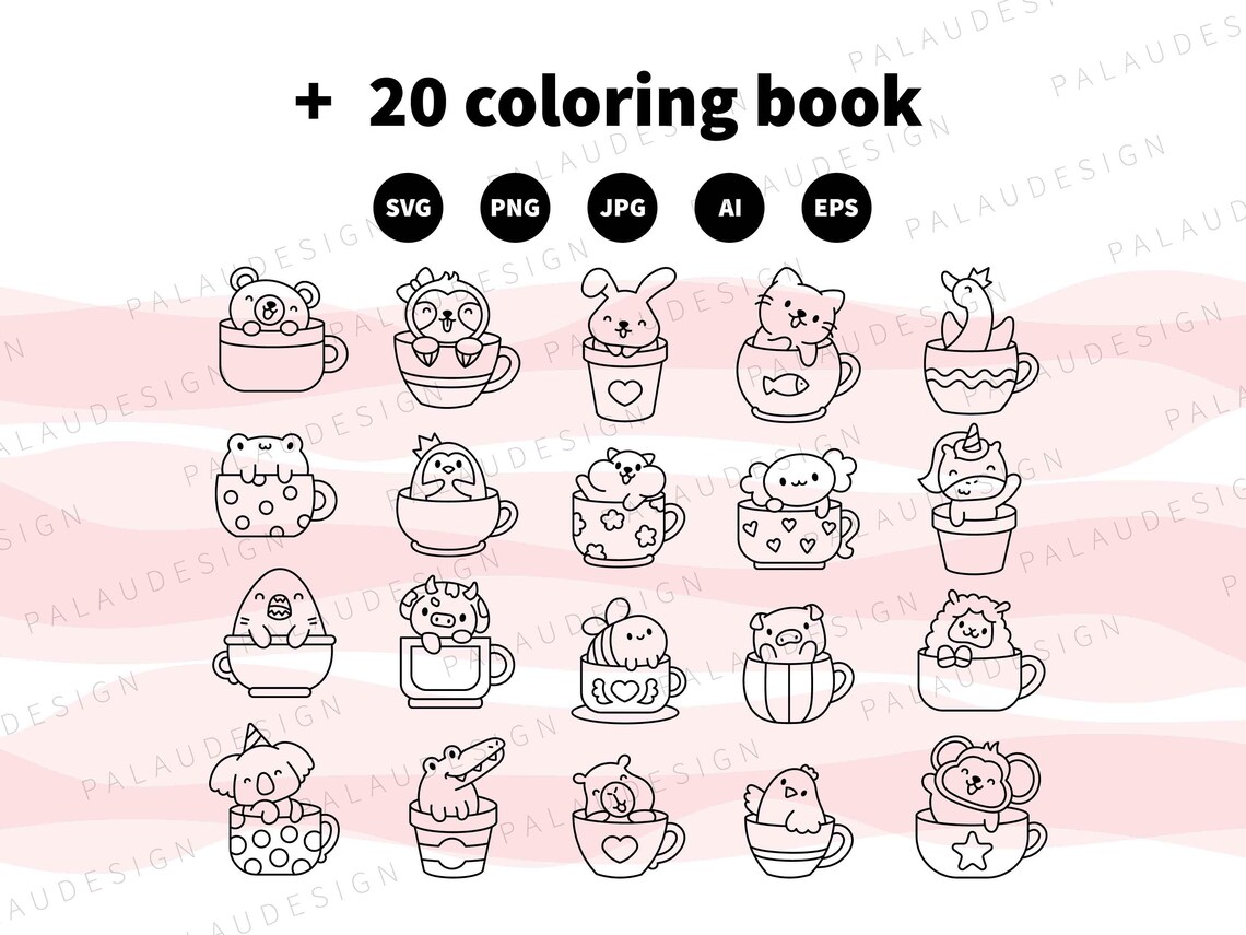 Cute Kawaii Cartoon Animals in Cups Clipart Coloring Pages and Stickers ...