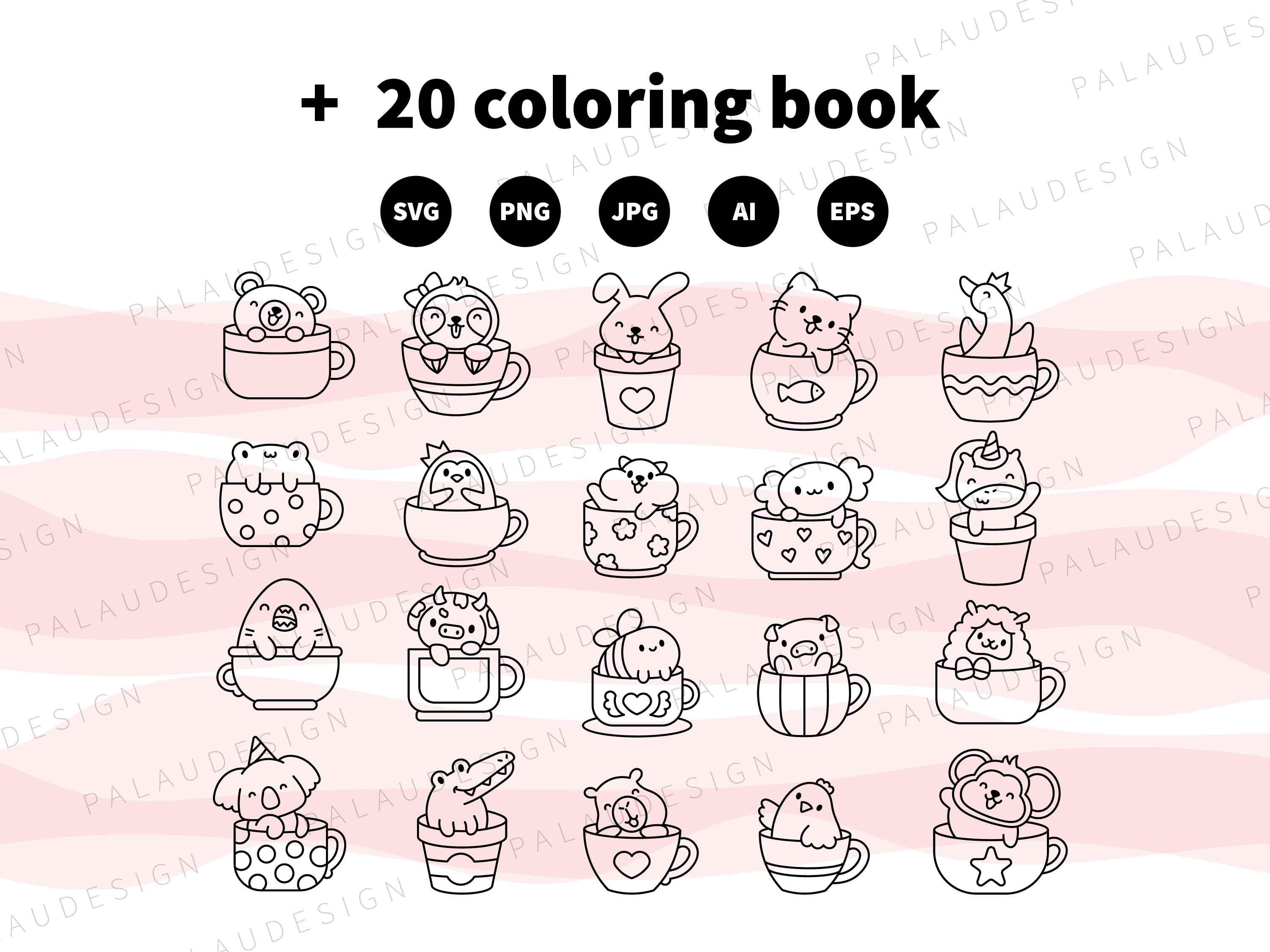 Cute Kawaii Cartoon Animals in Cups Clipart Coloring Pages and Stickers ...