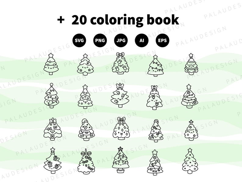 Christmas Tree Cute Kawaii Clipart Bundle Adorable Festive Outline ...