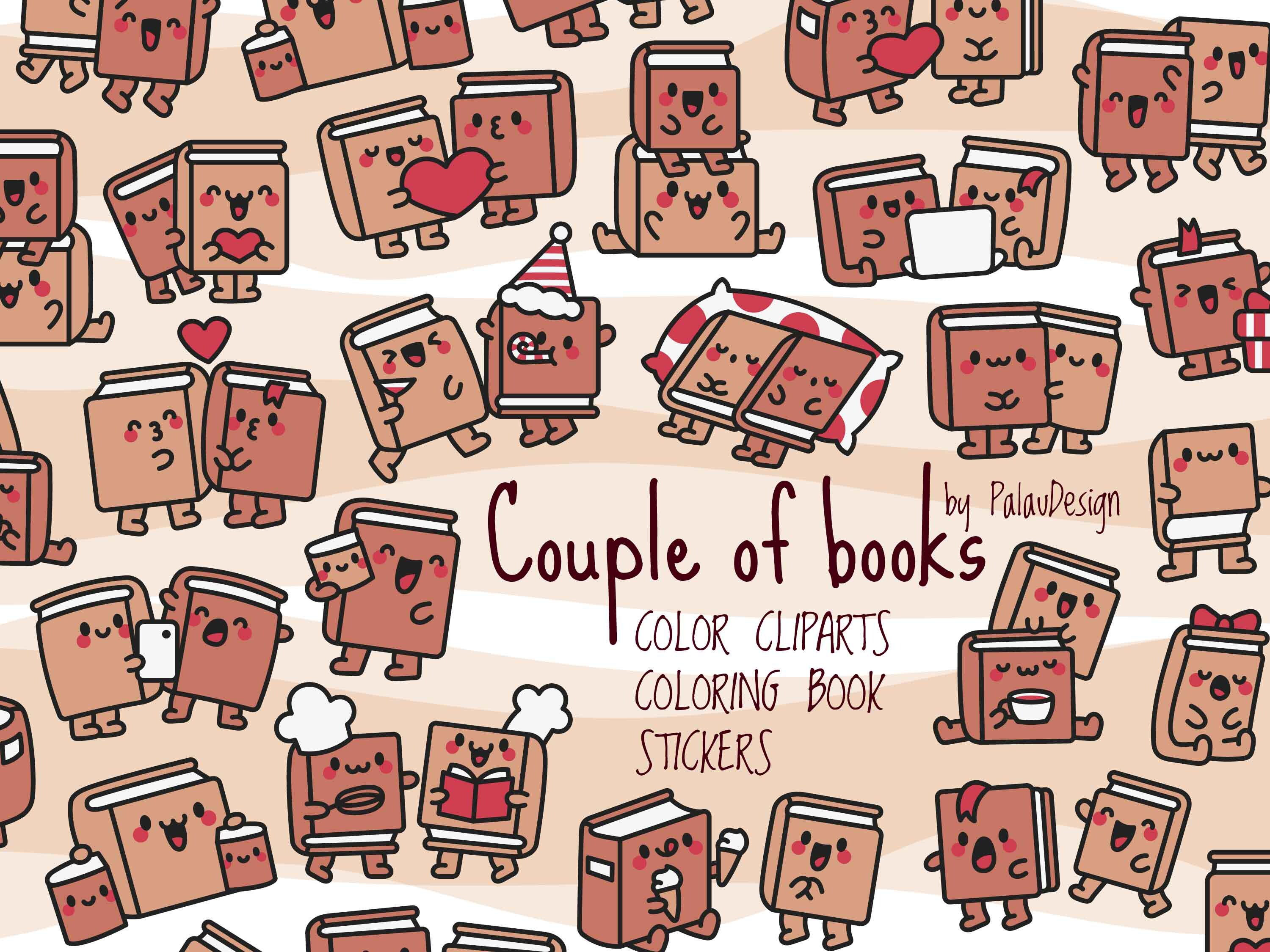 Cute Couple Books Clipart Bundle, Stickers, Coloring Pages (digital ...