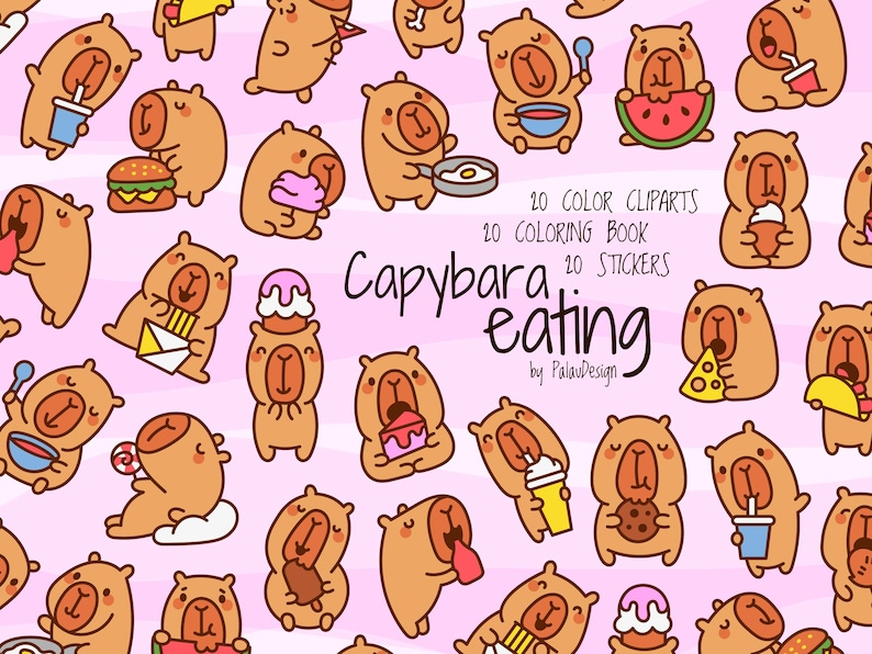 Cute Capybara Eating Clipart | Kawaii Food Animal PNG SVG | Cartoon ...