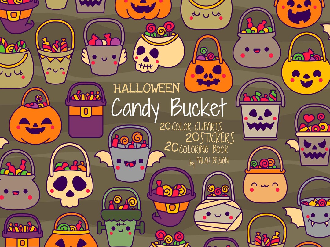 Cute Kawaii Halloween Candy Bucket Clipart Bundle, Printable Coloring ...