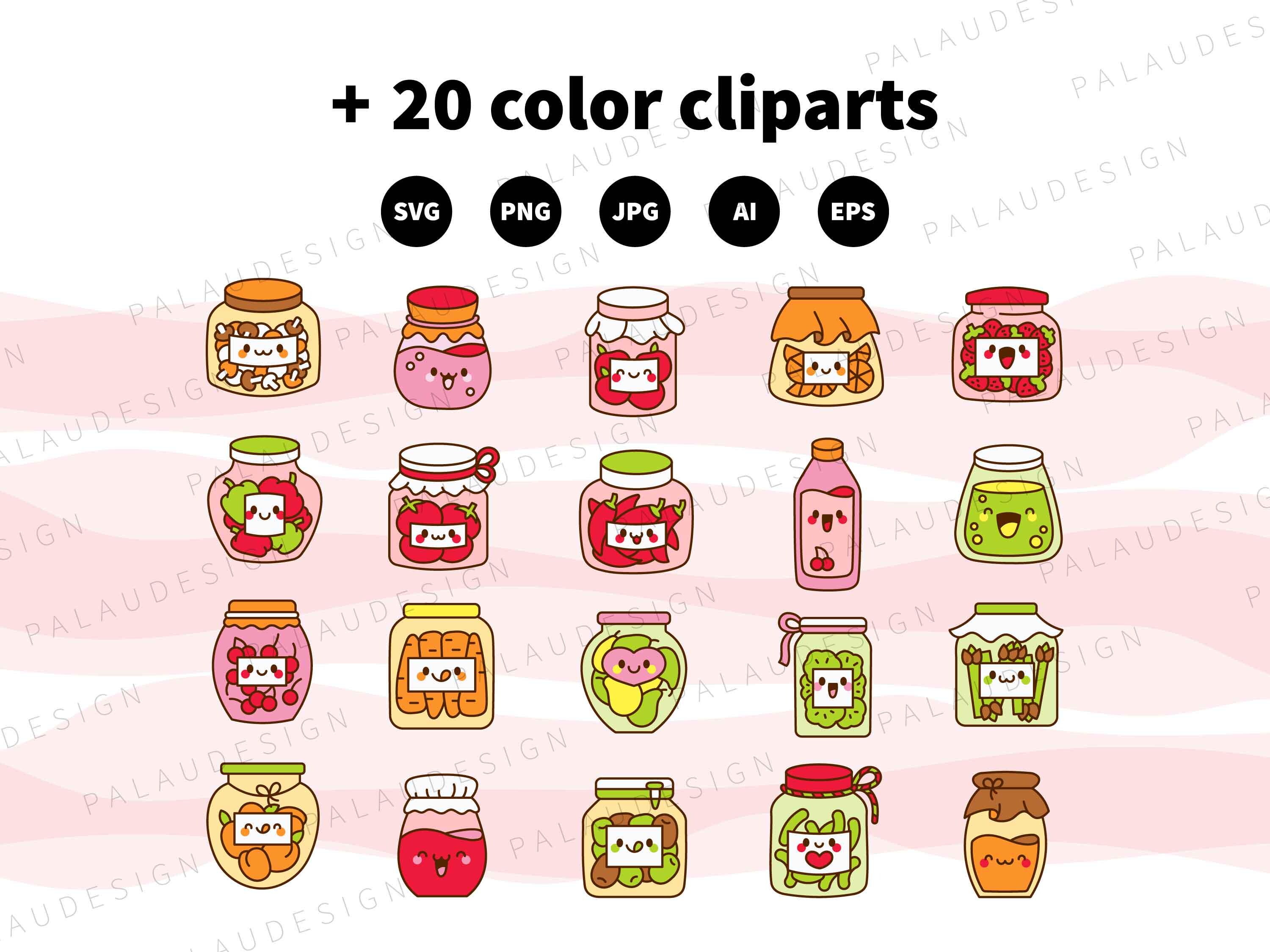 Cute Kawaii Pickles Jar Characters Clipart Set With Happy Cartoon ...