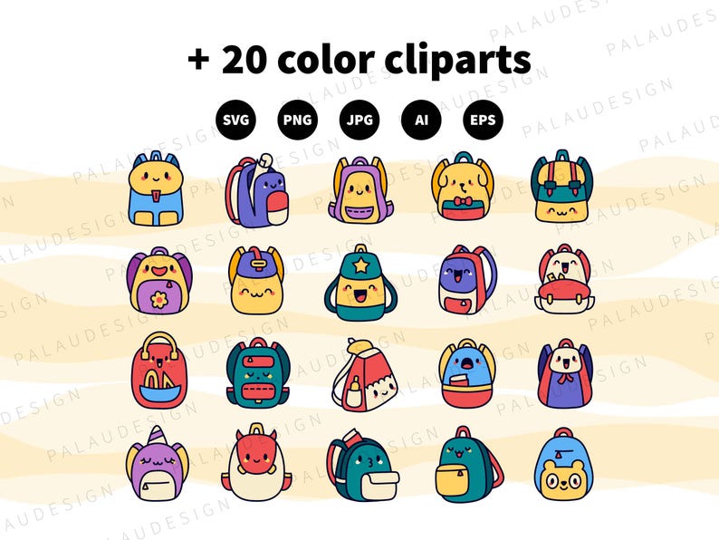 Editable Kids Backpack Clipart Set Fun Kawaii School Illustrations ...