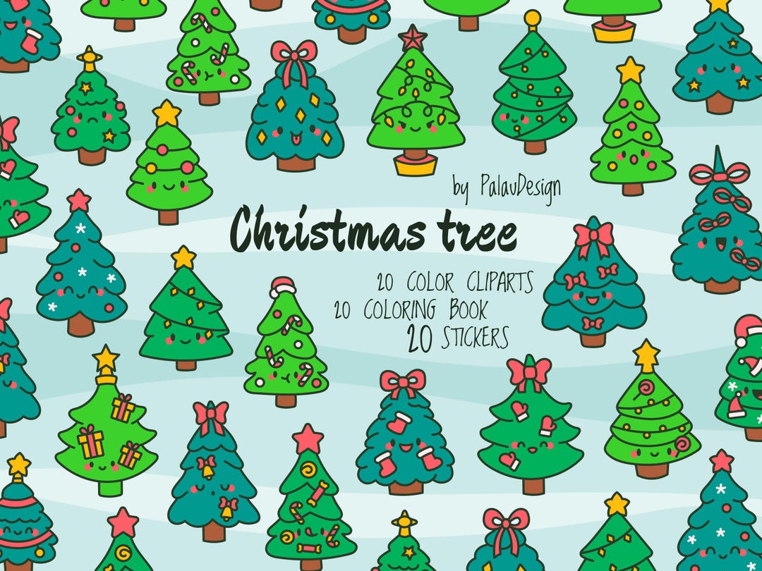 Christmas Tree Cute Kawaii Clipart Bundle - Adorable Festive Outline ...