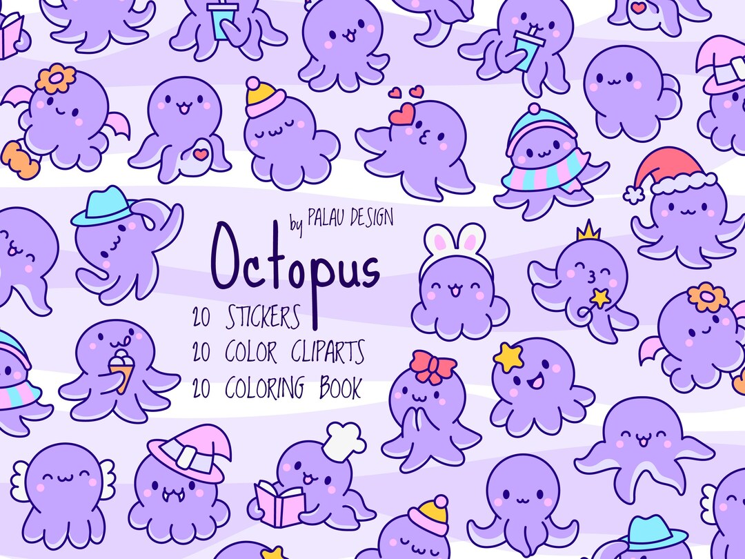 Cute Kawaii Octopus Clipart Bundle Funny Sea Animal Characters for ...