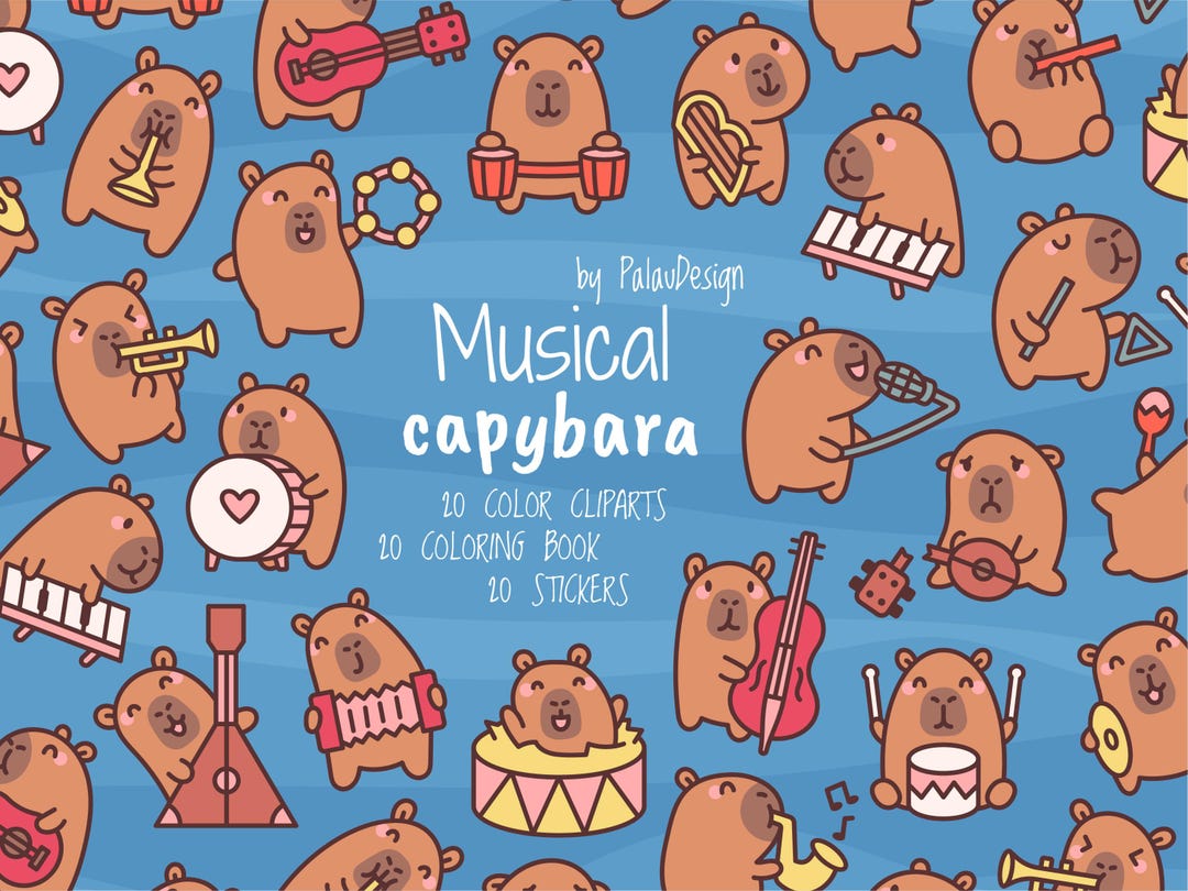 Kawaii Capybara Music Clipart Pack: Line Art Characters & Printable ...