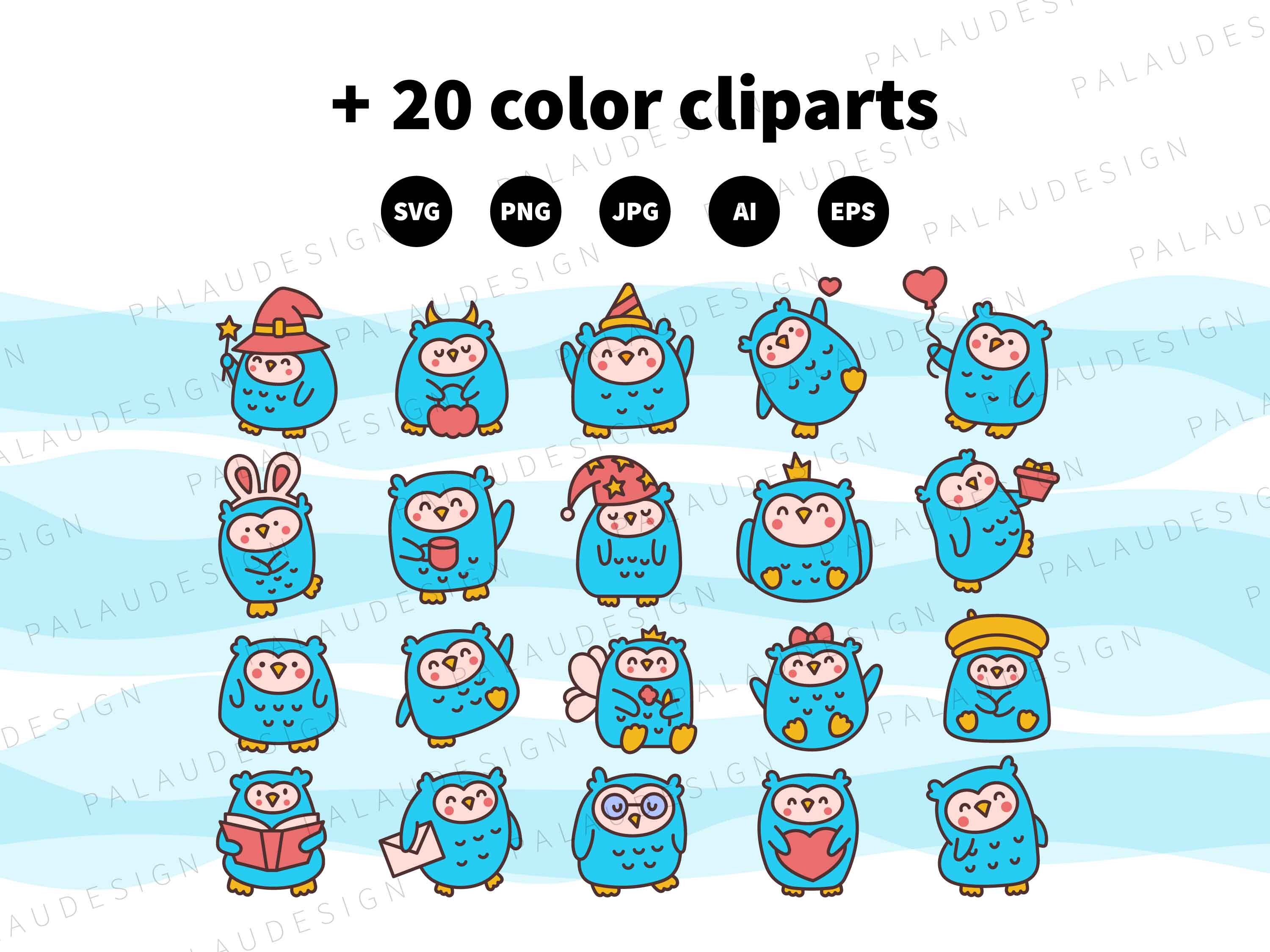 Cute Owl Clip Art Collection - Kawaii Animals Bundle - Digital SVG PNG ...