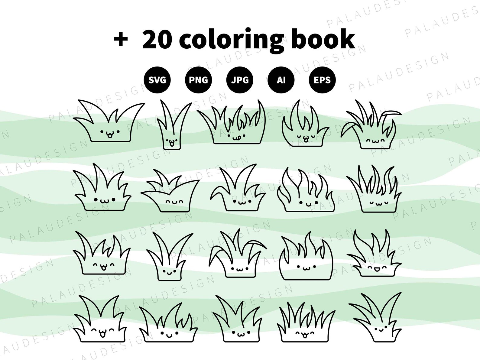 Cute Kawaii Grass Clipart Bundle - Cartoon Lawn Characters, Digital ...