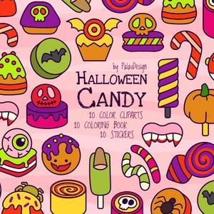 Kawaii Candy Halloween Clipart Pack: Line Art Sweets & Printable Pages ...