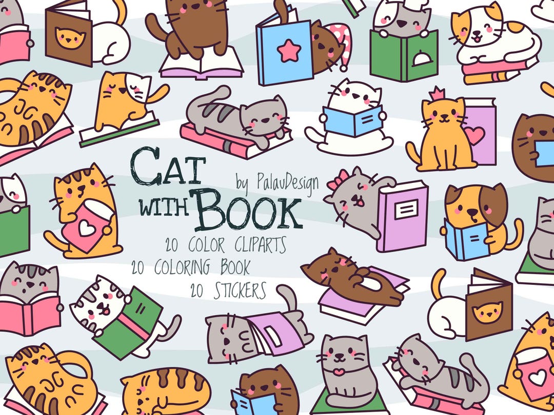 Cute Kawaii Cats Reading Books Clipart Bundle | PNG SVG Clipart ...
