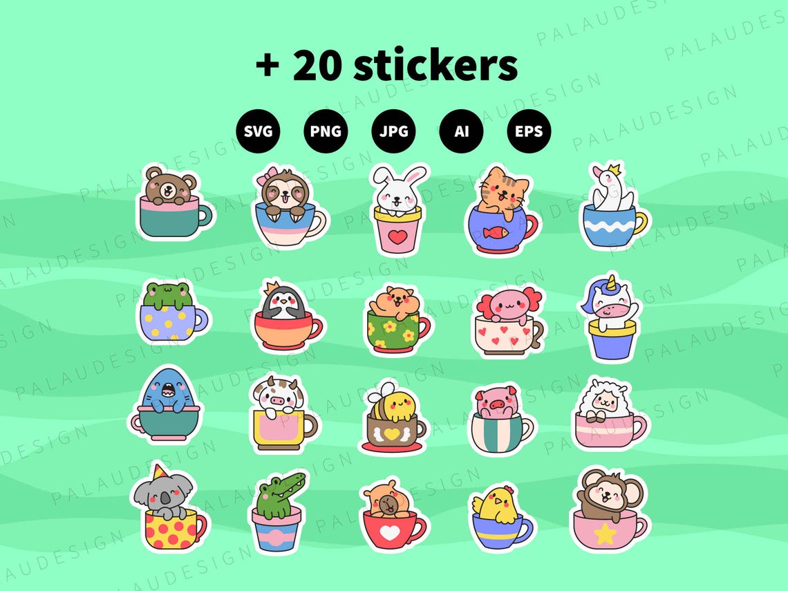 Cute Kawaii Cartoon Animals in Cups Clipart Coloring Pages and Stickers ...