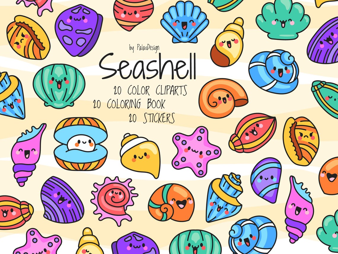 Cute Kawaii Seashell Clipart Set With Funny Cartoon Shell Characters ...