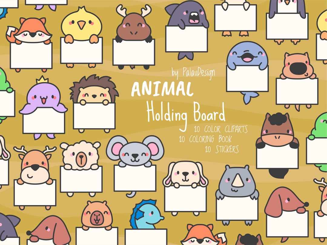 Kawaii Animals Holding Signs Clipart Pack: Line Art Characters ...