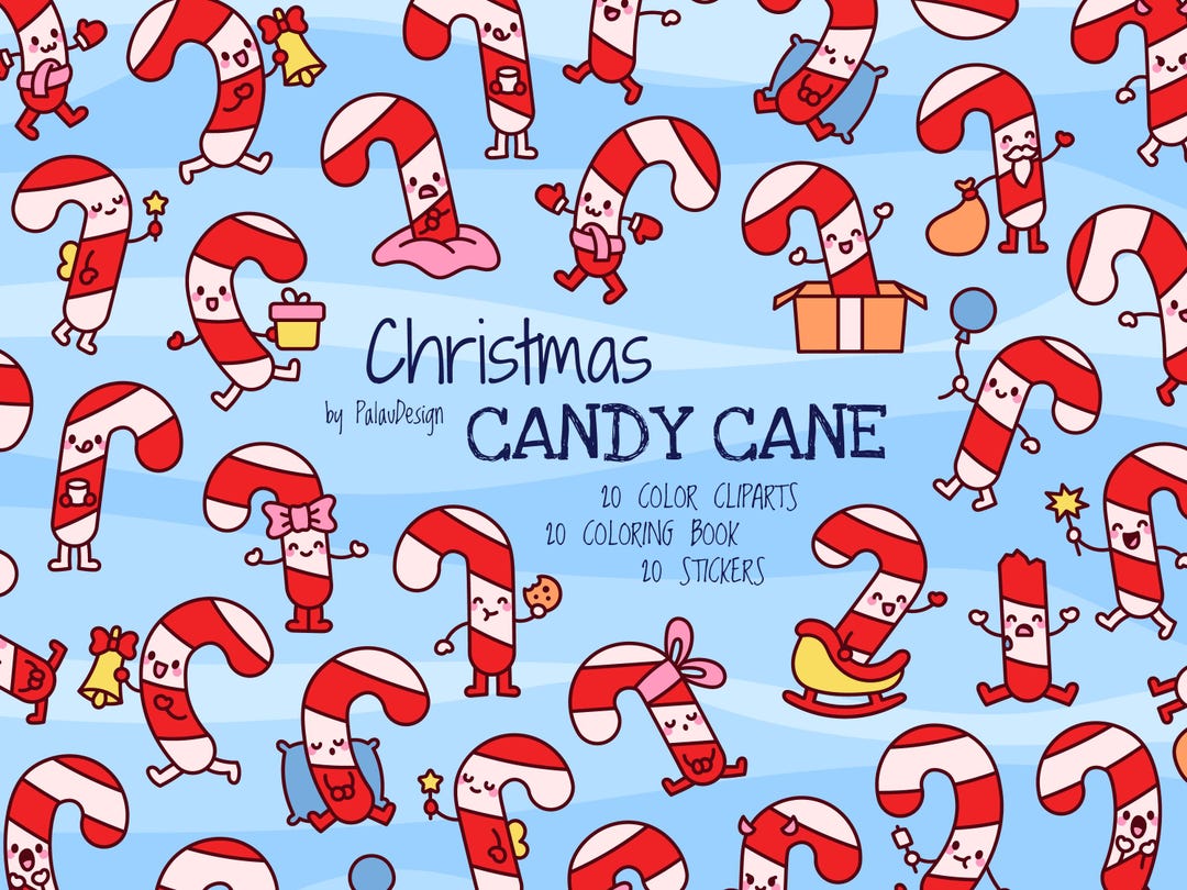 Christmas Candy Cane Cute Kawaii Vector Clipart Bundle Holiday Sweet ...
