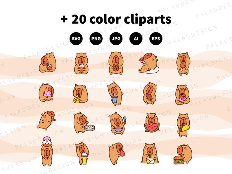 Cute Capybara Eating Clipart | Kawaii Food Animal PNG SVG | Cartoon ...