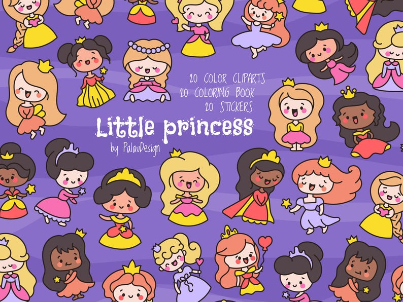 Kawaii Princess Clipart Bundle, Stickers, Coloring Pages (digital ...