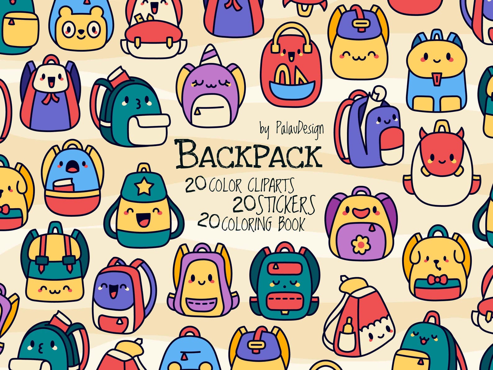 Editable Kids Backpack Clipart Set Fun Kawaii School Illustrations ...