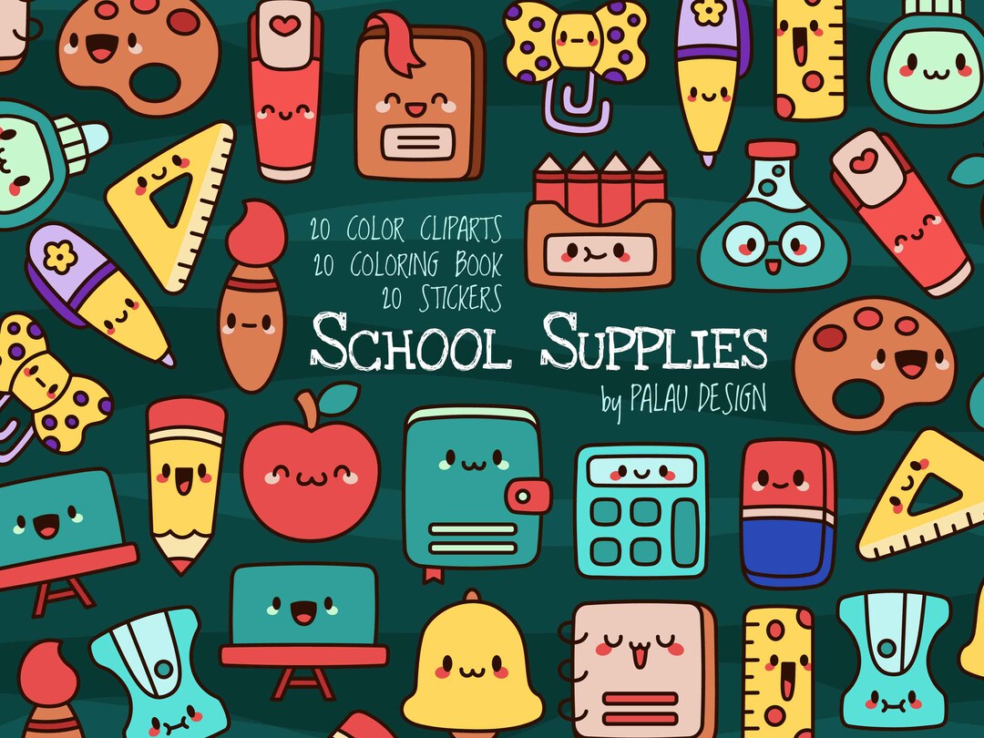 Whimsical School Clipart Set - Cute Kawaii Supplies, SVG & PNG ...