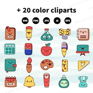 Whimsical School Clipart Set - Cute Kawaii Supplies, SVG & PNG ...