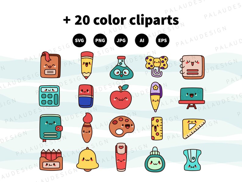Whimsical School Clipart Set - Cute Kawaii Supplies, SVG & PNG ...